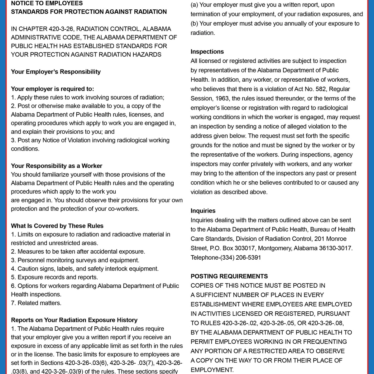 Digital Alabama Radiation Safety Ordinance for Protection Poster | Sta ...