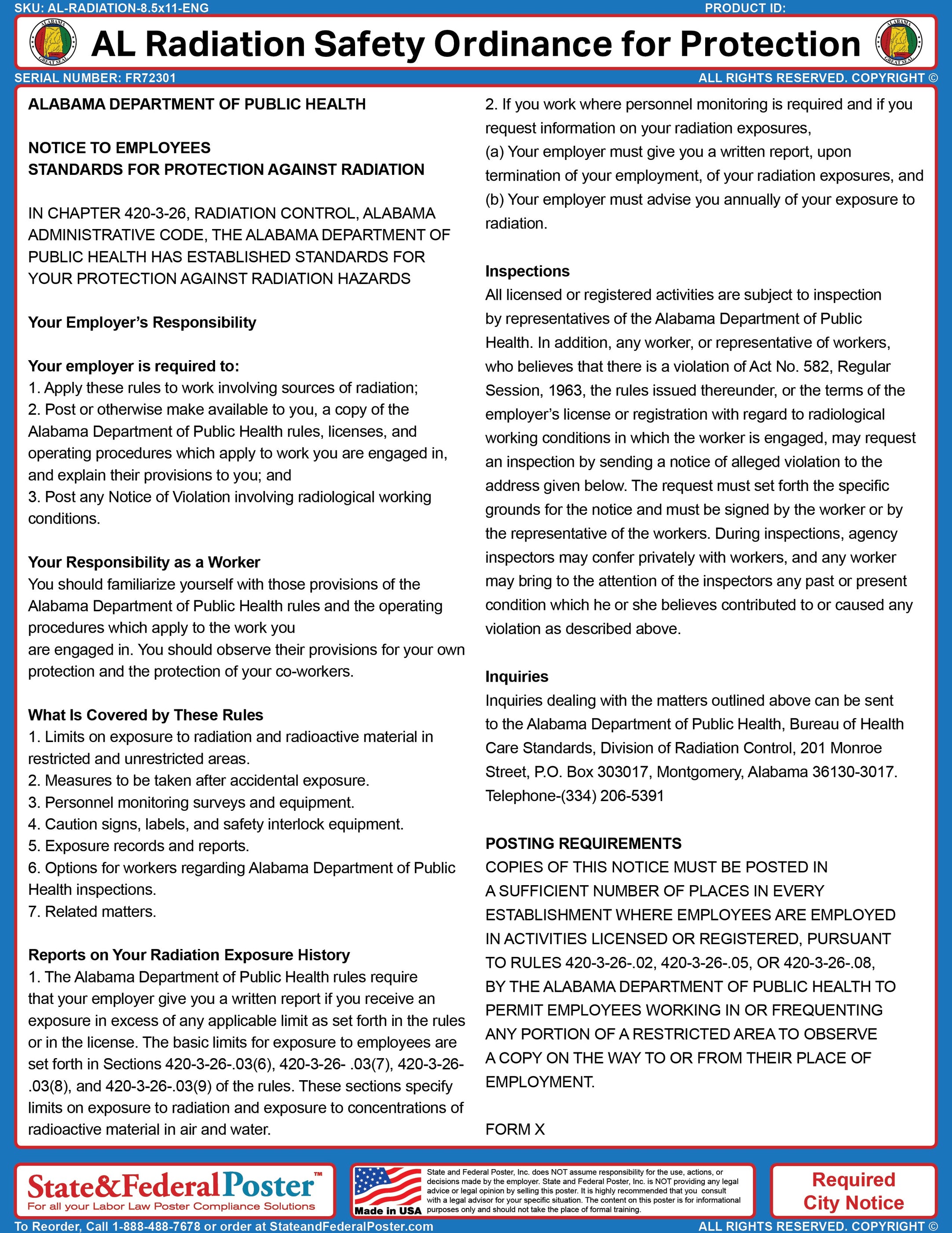 Digital Alabama Radiation Safety Ordinance for Protection Poster | Sta ...