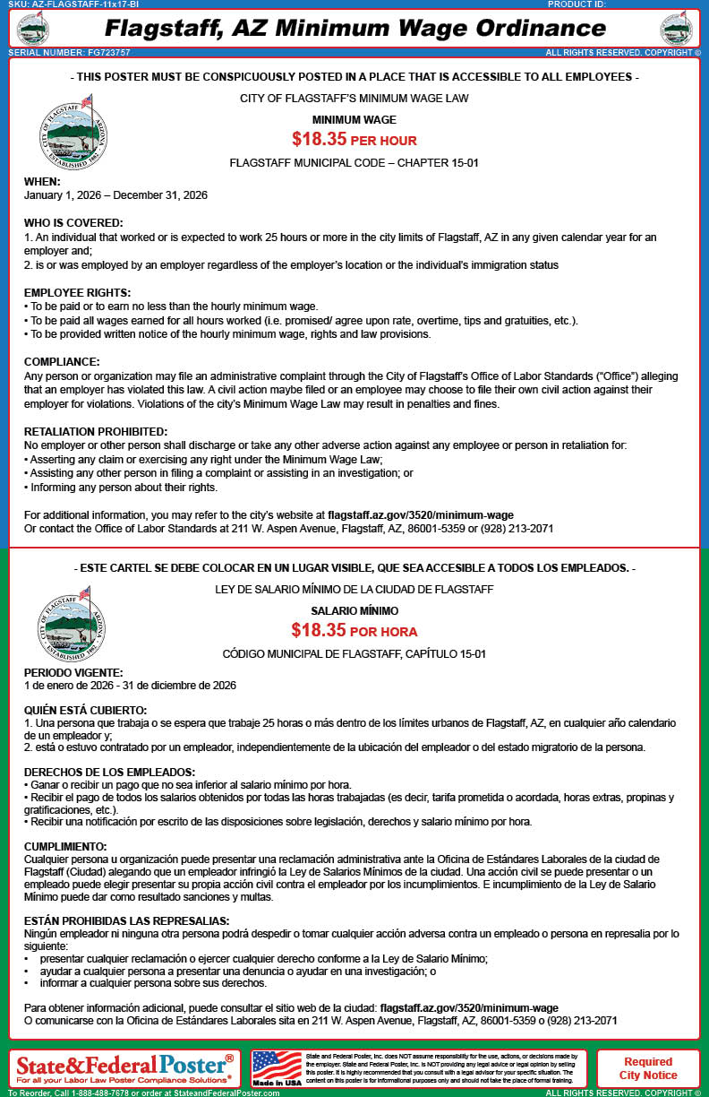 Digital Flagstaff, Arizona Minimum Wage Ordinance Poster (Bilingual) | — State and Federal Poster