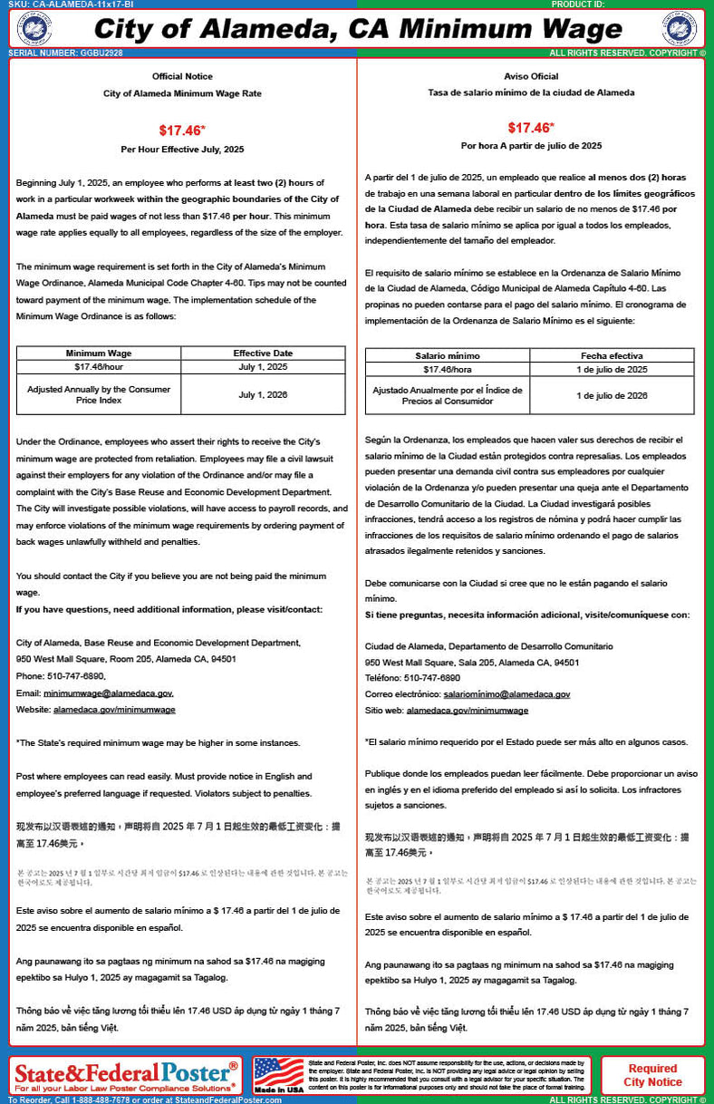 Digital Alameda, California Minimum Wage Poster (Bilingual) | State ...