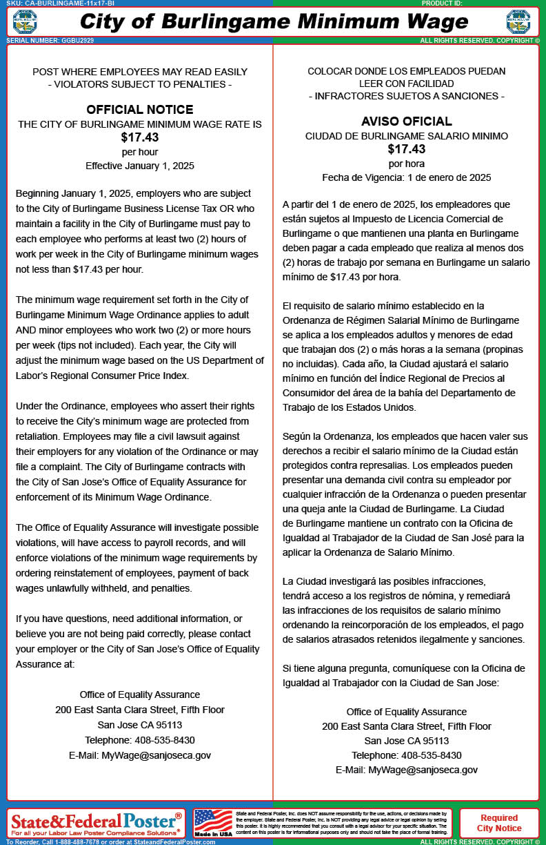 Burlingame, California Minimum Wage Poster (Bilingual) — State and ...