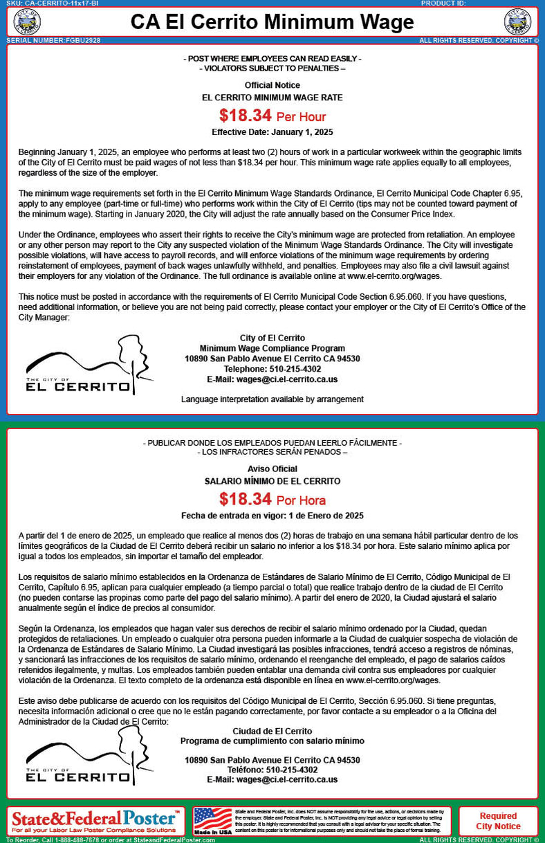Digital El Cerrito, California Minimum Wage Poster (Bilingual) | State ...