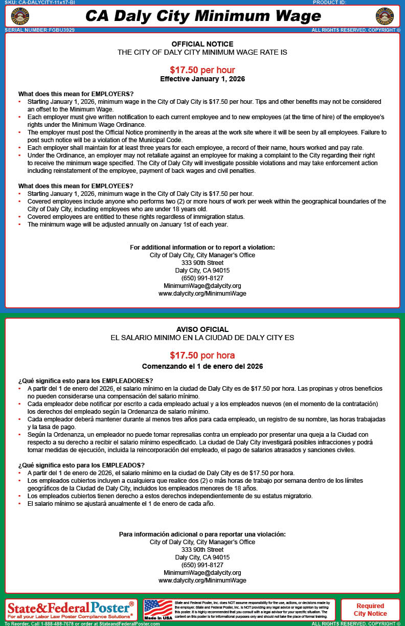 Digital Daly City, California Minimum Wage Poster (Bilingual) | State ...