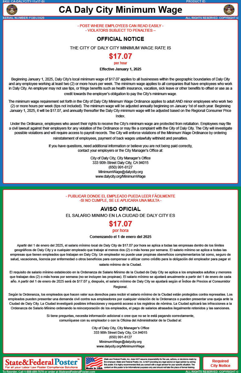 Digital Daly City, California Minimum Wage Poster (Bilingual) | State ...