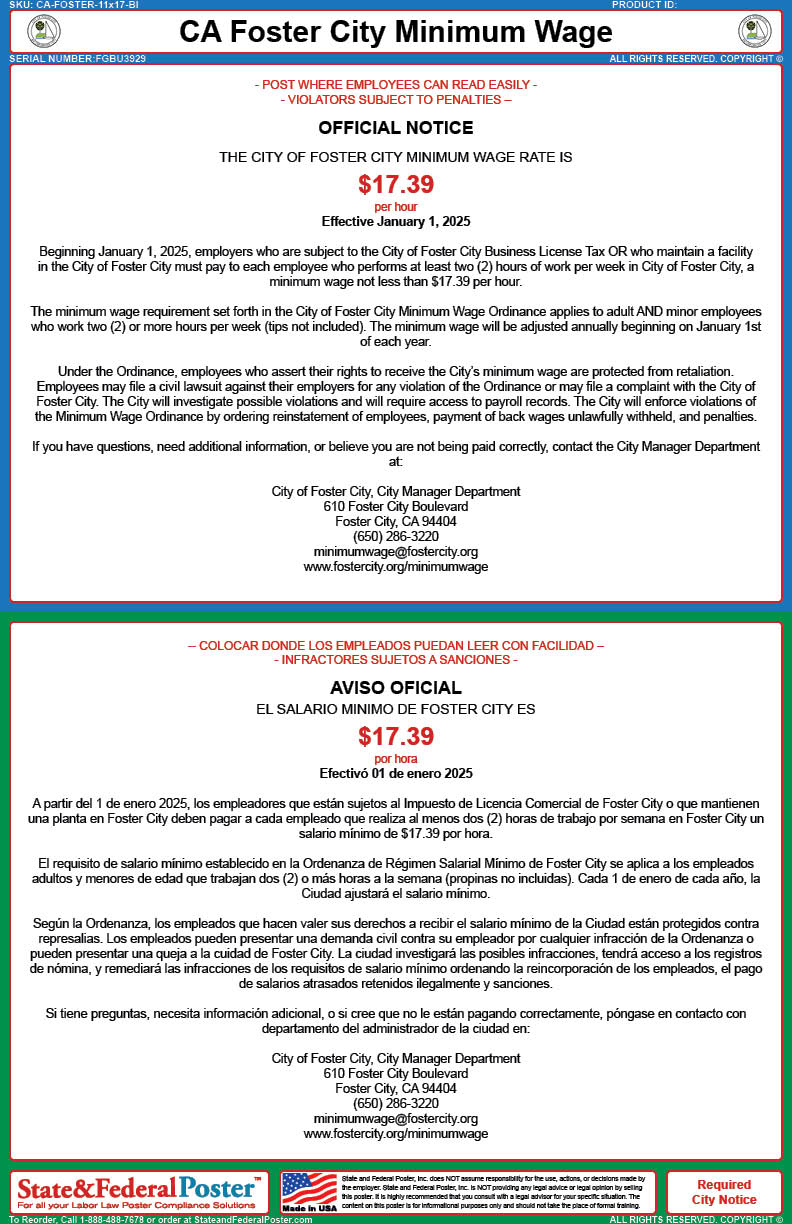 Foster City, California Minimum Wage Poster (Bilingual) — State and ...