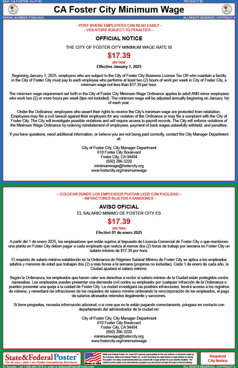Digital Foster City, California Minimum Wage Poster (Bilingual) | Stat ...