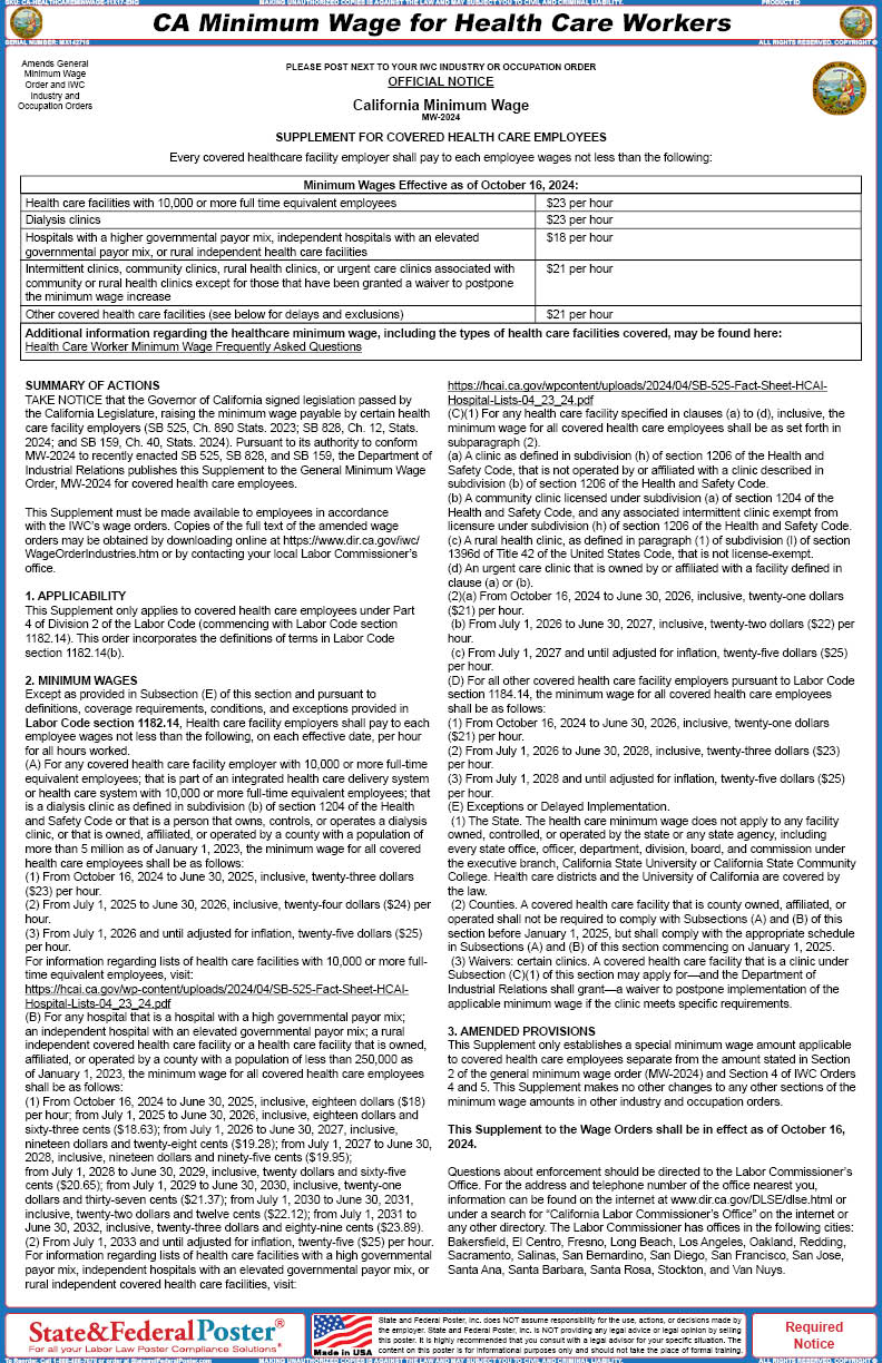 CA Minimum Wage for Health Care Workers — State and Federal Poster