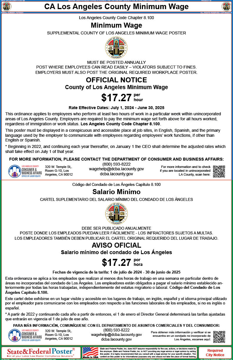 Los Angeles County CA Minimum Wage Poster (Bilingual) — State and ...