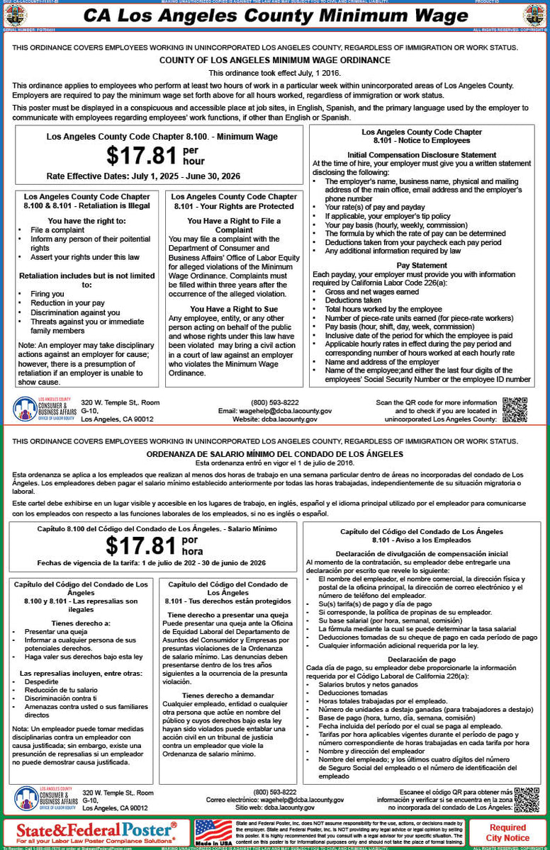 Digital Los Angeles County CA Minimum Wage Poster (Bilingual) | State ...