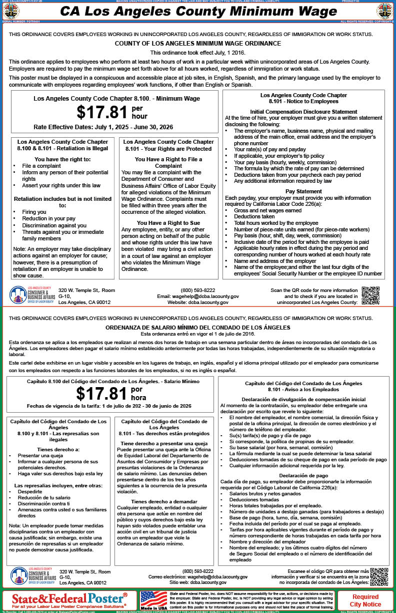 Digital Los Angeles County CA Minimum Wage Poster (Bilingual) | State ...