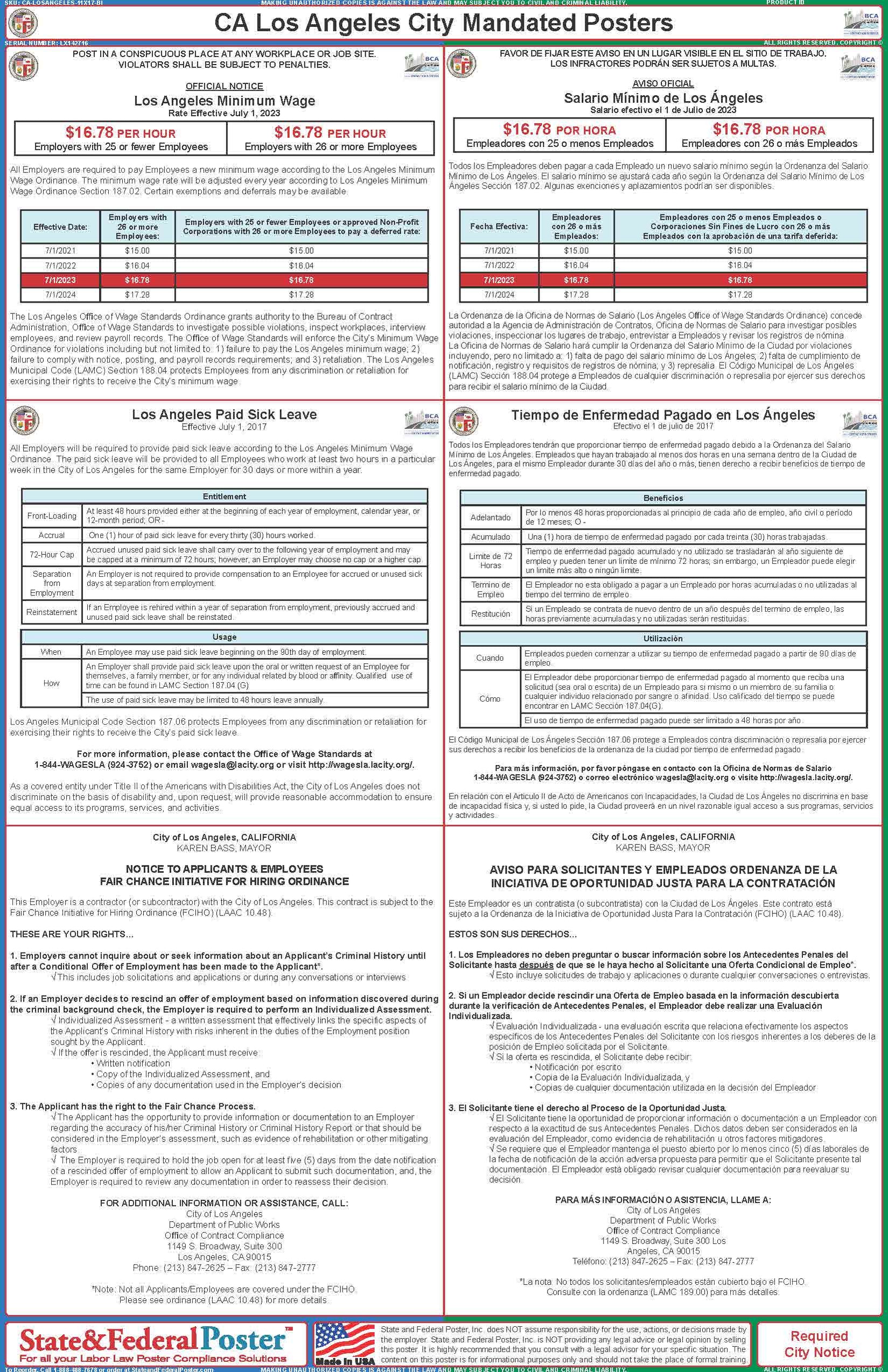 Los Angeles, California City Labor Law Poster (Bilingual) — State and ...