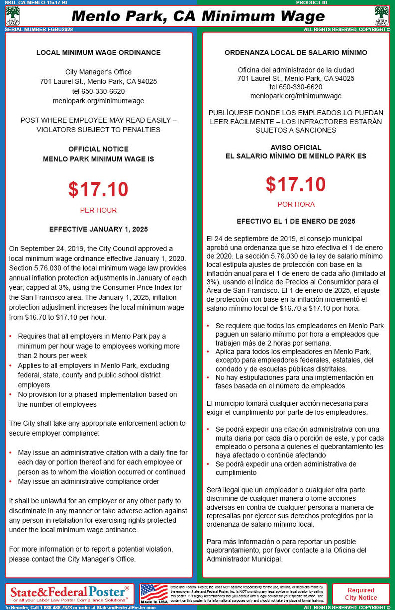 Digital Menlo Park, California Minimum Wage Poster (Bilingual) | State ...