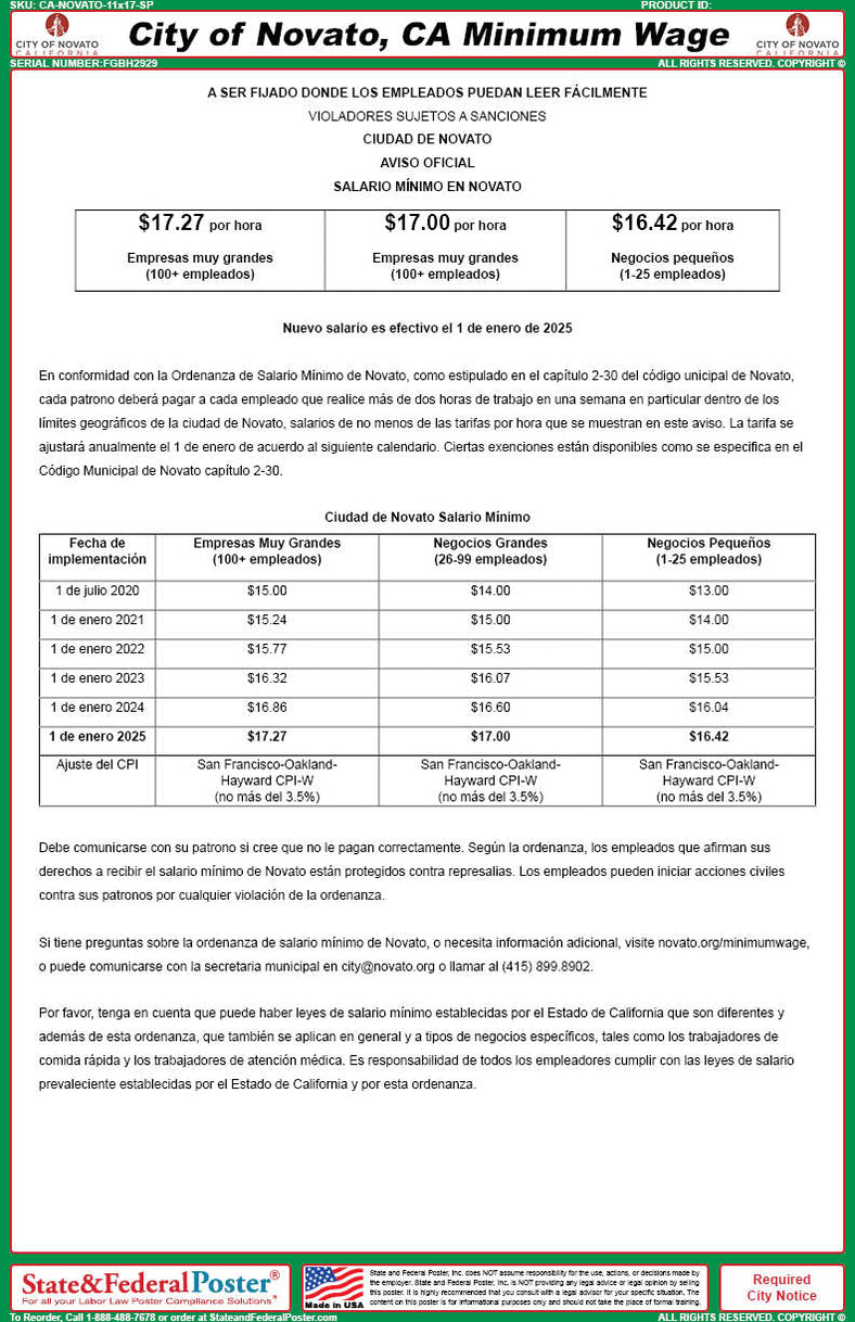 Digital Novato, California Minimum Wage Poster | State & Federal Poste ...