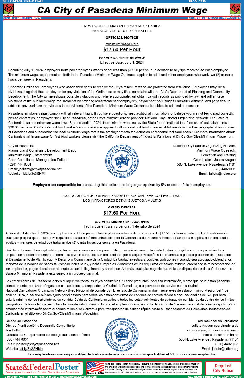 Pasadena, California Minimum Wage Poster (Bilingual) — State and Federal Poster