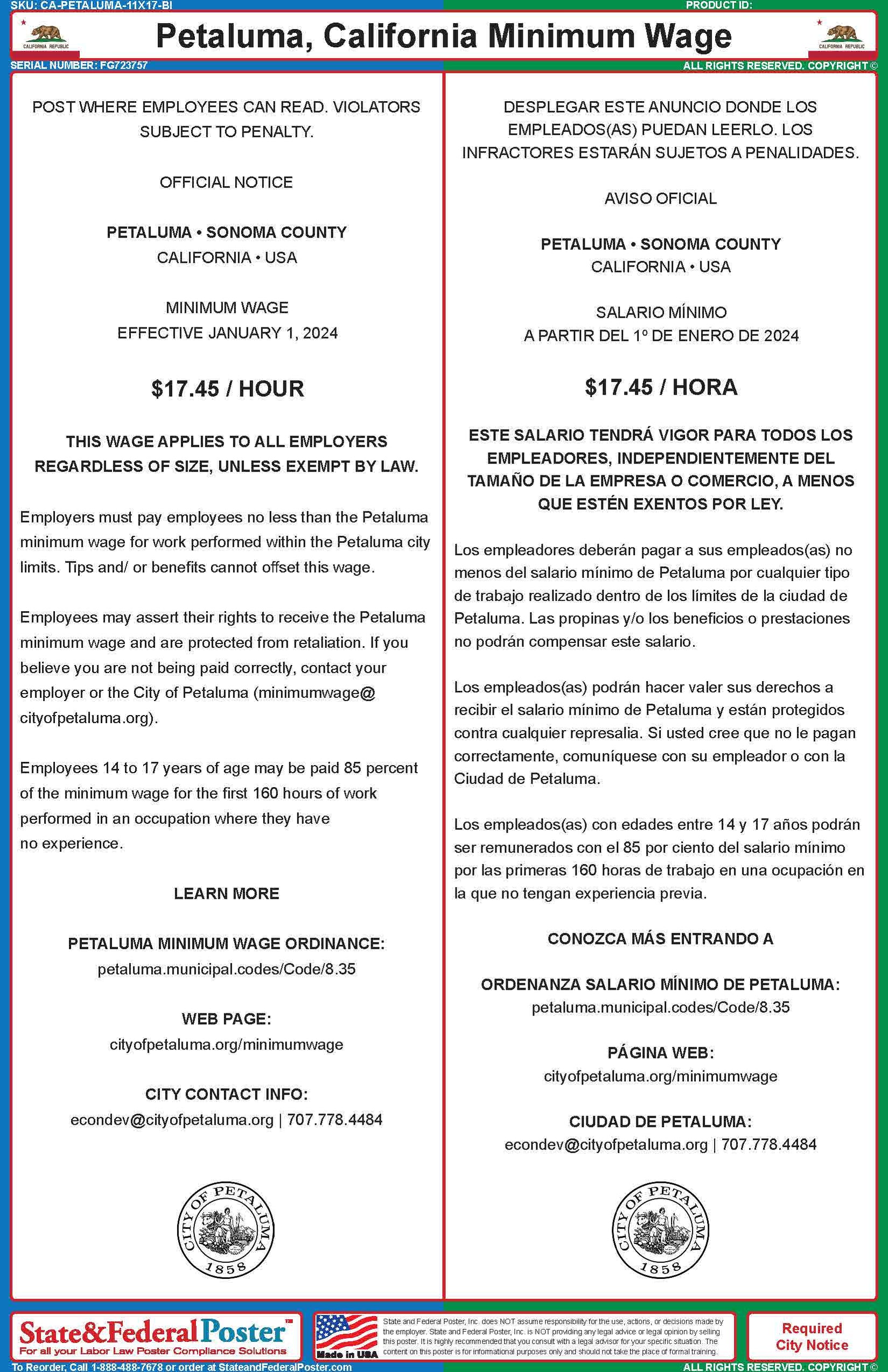 Petaluma, California Minimum Wage Poster (Bilingual) — State and ...