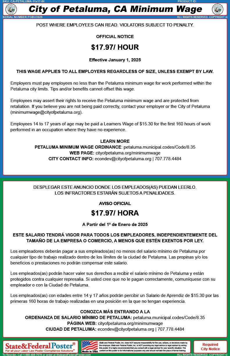 Digital Petaluma, California Minimum Wage Poster (Bilingual) | State ...