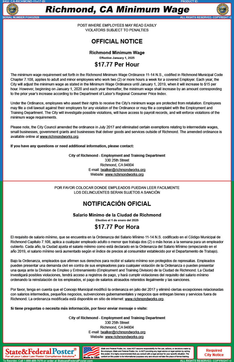 Digital Richmond, California Minimum Wage Poster (Bilingual) | State ...