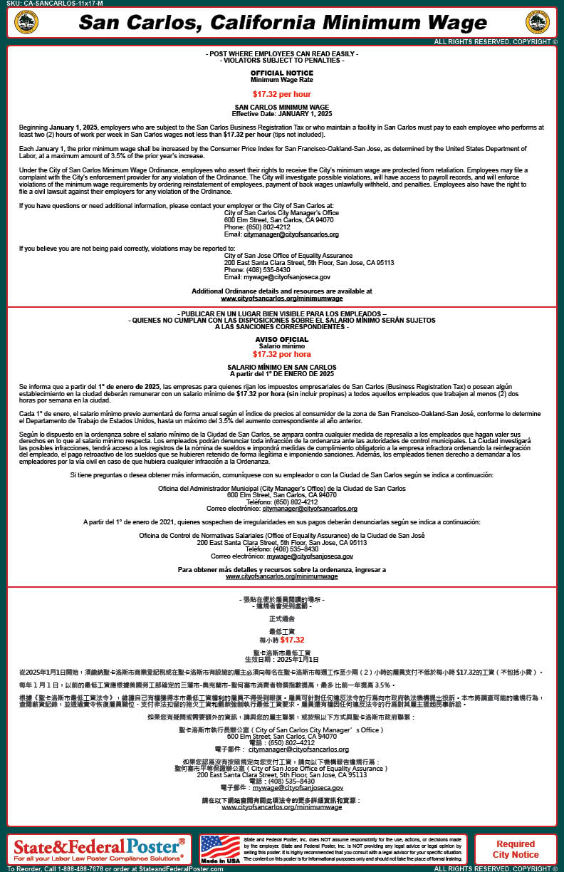 Digital San Carlos, California Minimum Wage Poster (Multilingual) | St ...