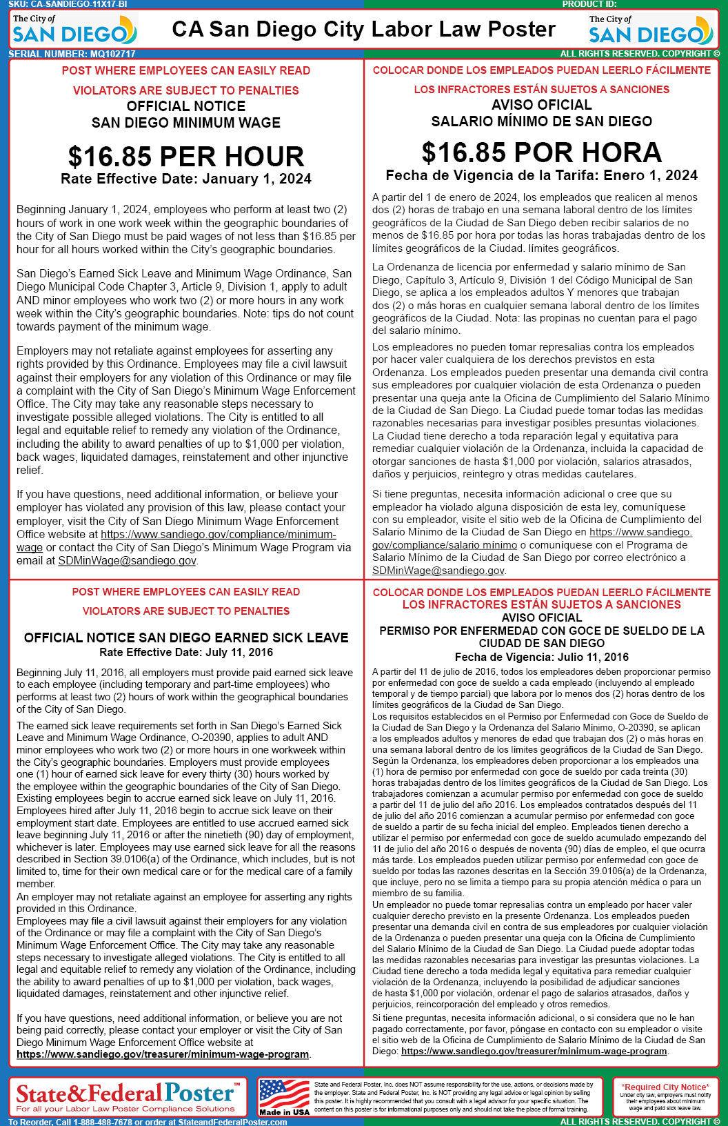 San Diego, California City Labor Law Poster (Bilingual) — State and ...