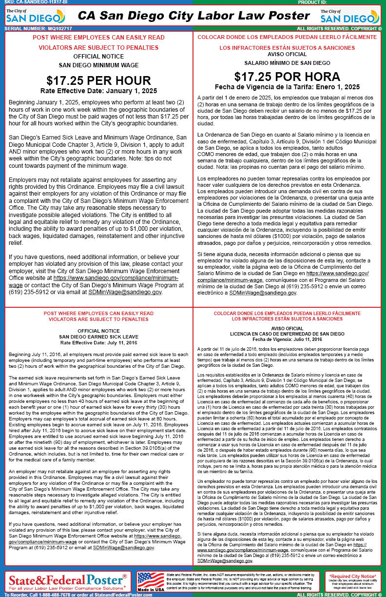 Digital San Diego, California City Labor Law Poster (Bilingual) | Stat ...