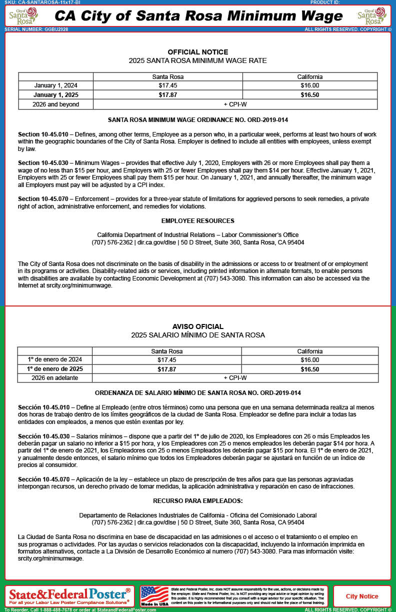 Digital Santa Rosa, California Minimum Wage Poster (Bilingual) | State ...