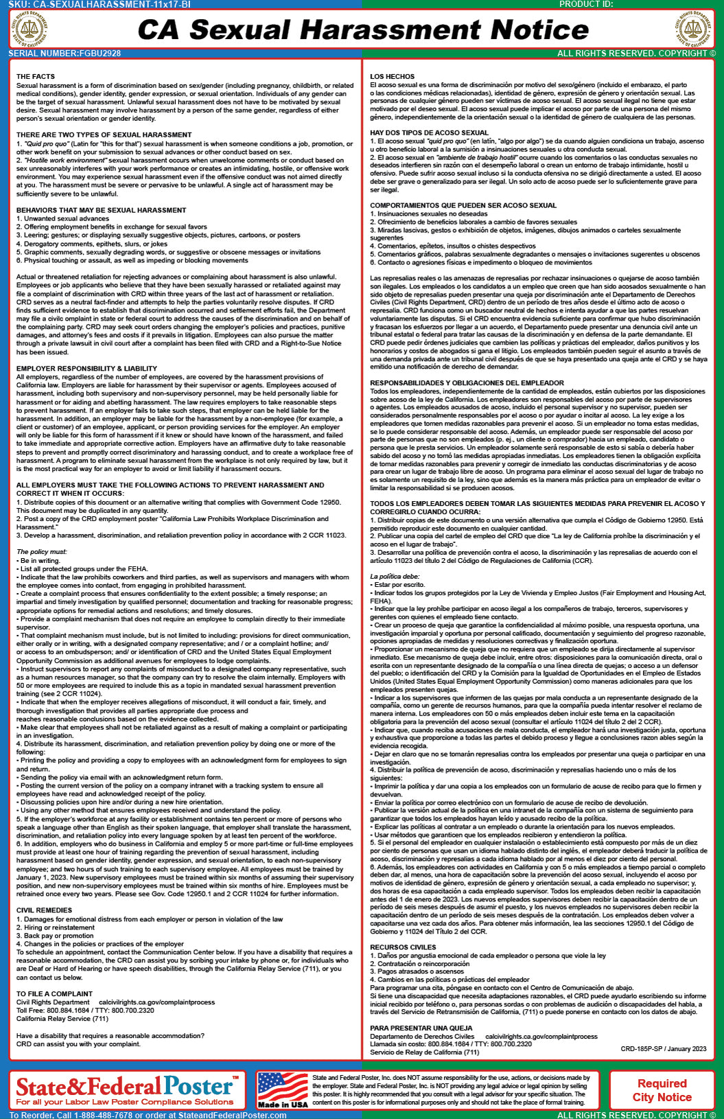 California Sexual Harassment Notice Poster (Bilingual) — State and ...