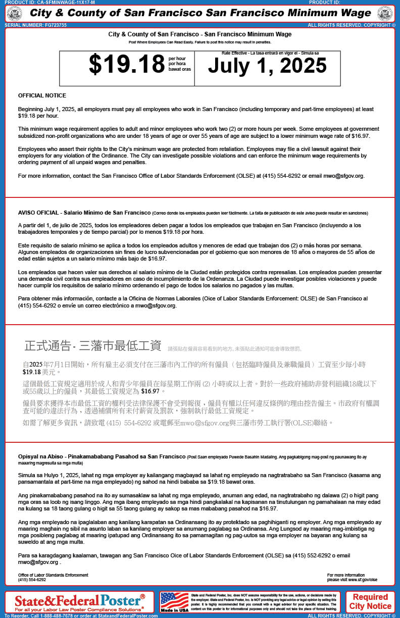 Digital San Francisco, California Minimum Wage Poster (Multilingual ...