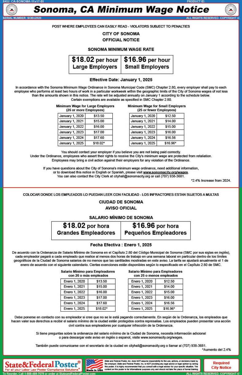 Digital Sonoma, California Minimum Wage Poster (Bilingual) | State & F ...