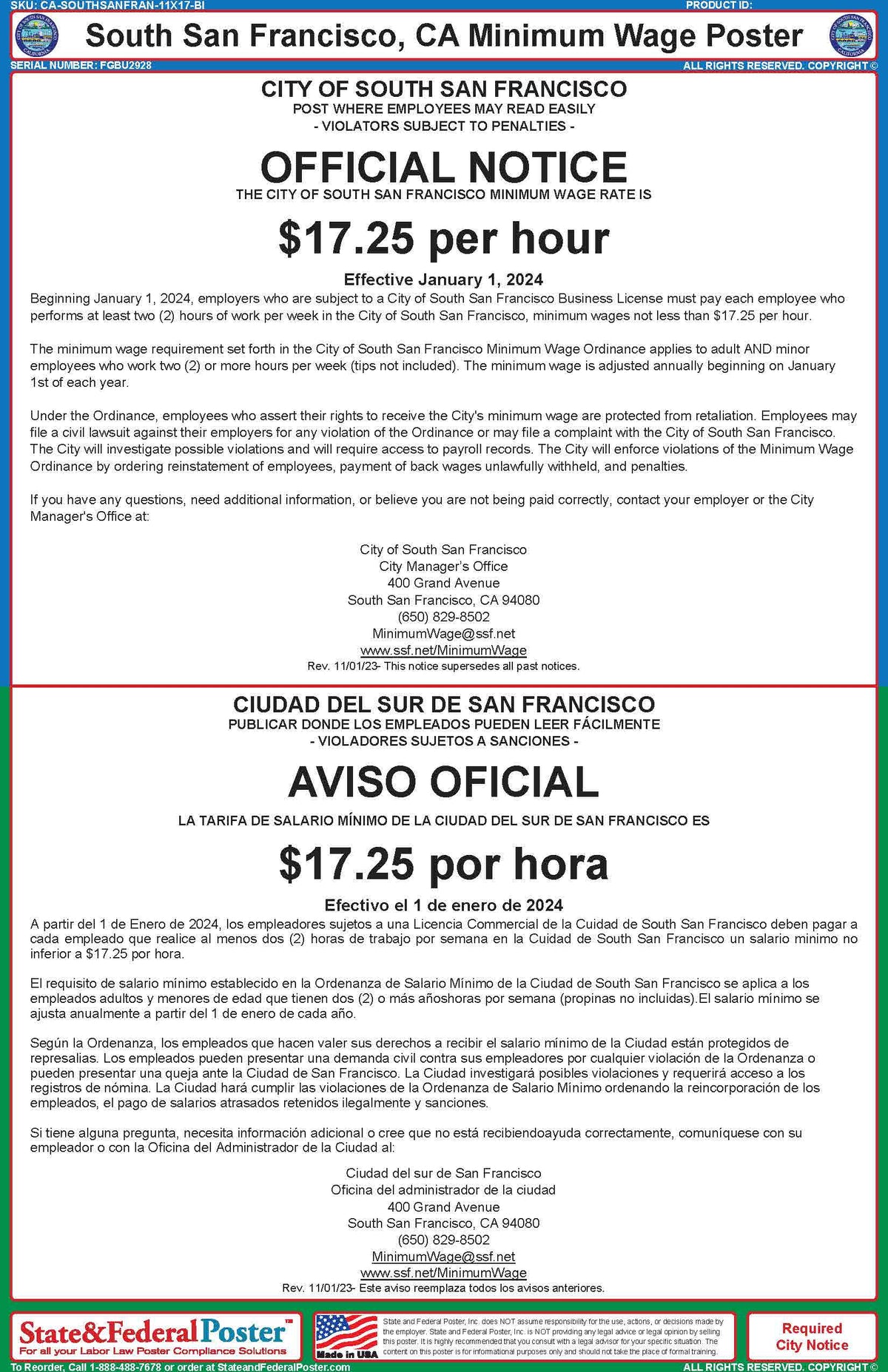 South San Francisco, California Minimum Wage Poster (Bilingual) — State ...