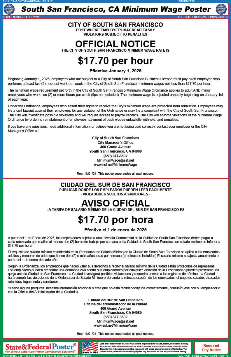 Digital South San Francisco, California Minimum Wage Poster (Bilingual ...