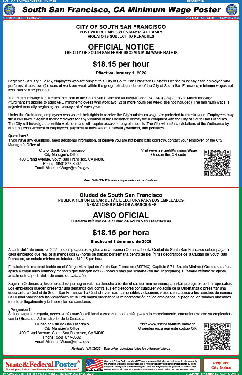 Digital South San Francisco, California Minimum Wage Poster (Bilingual ...