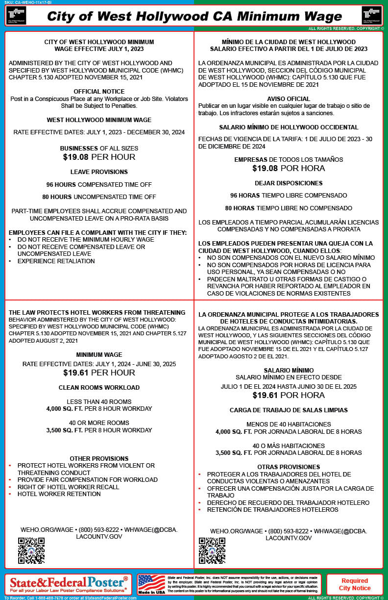 West Hollywood, California Minimum Wage + Hotel Worker Poster (Bilingu ...