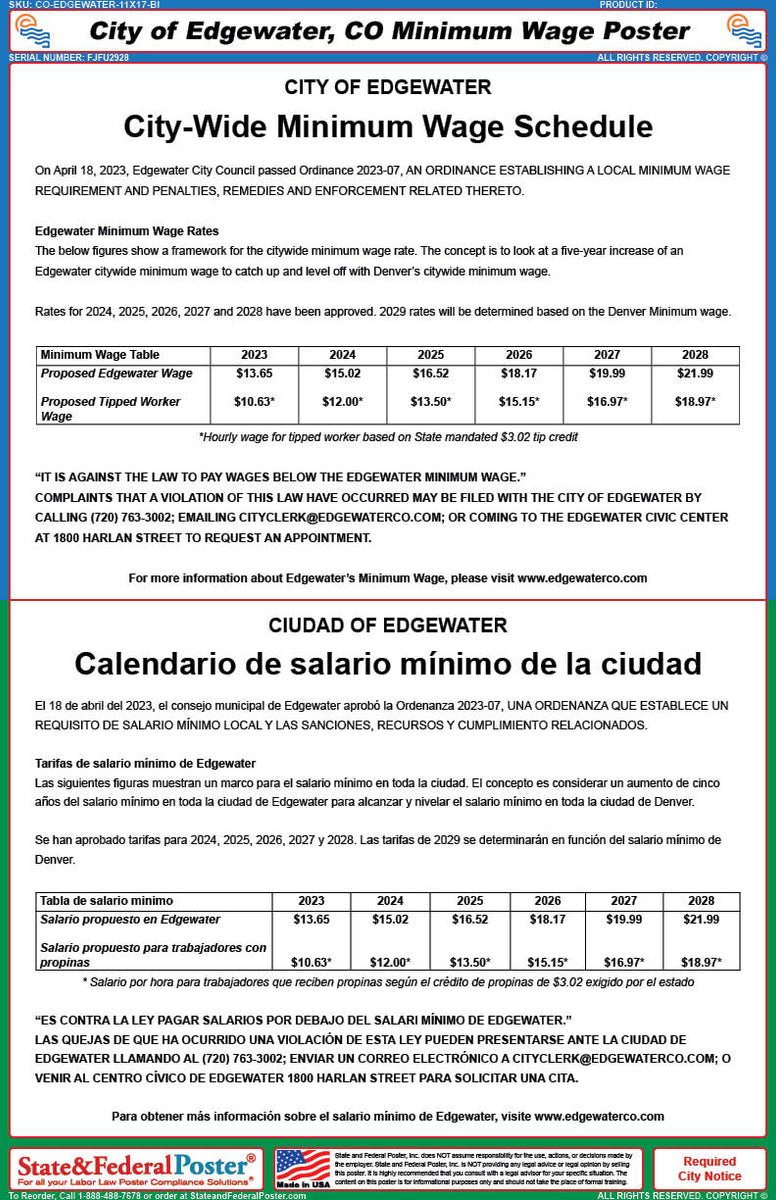 Digital City of Edgewater, CO Minimum Wage Poster (Bilingual) | State ...