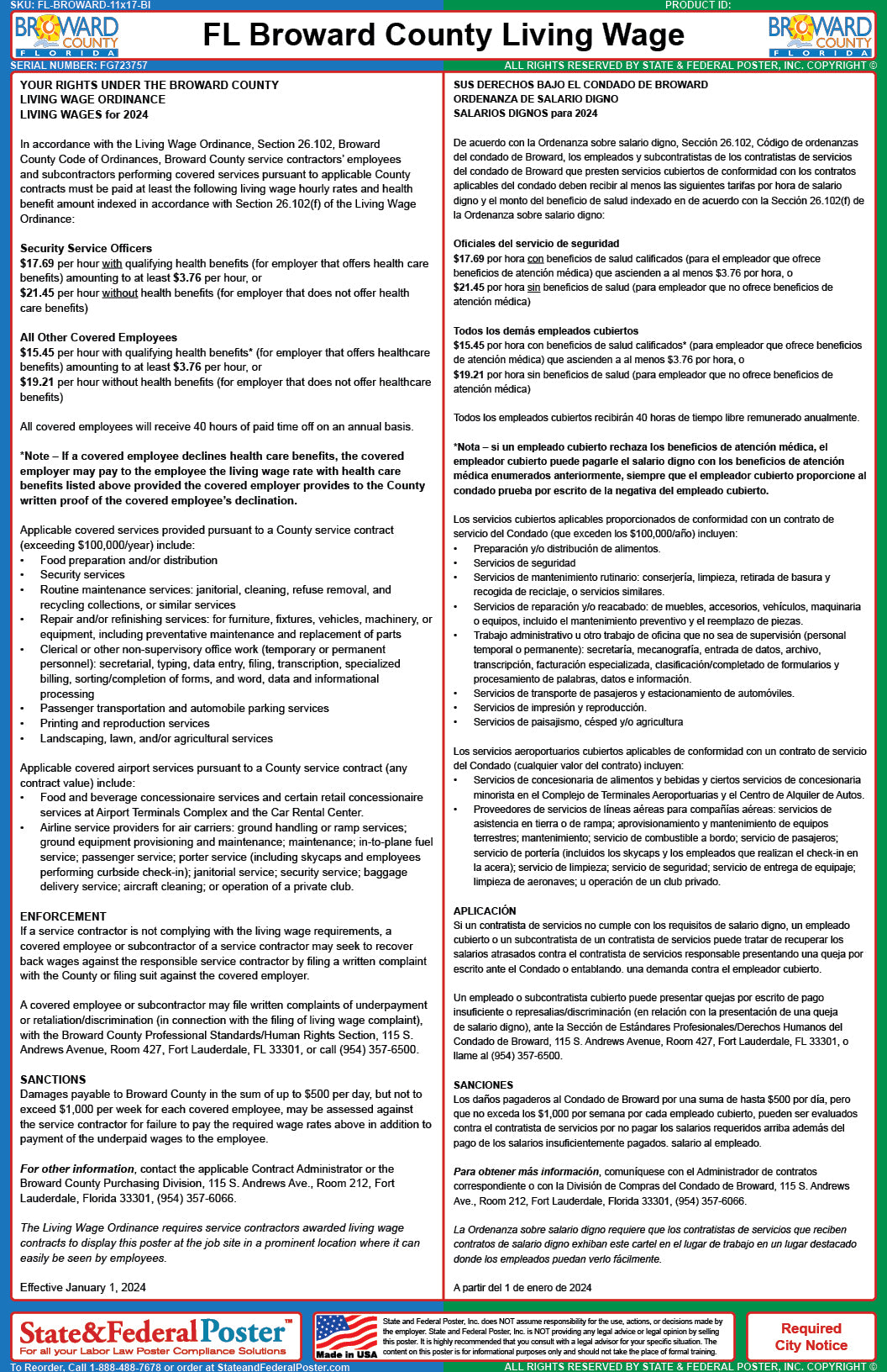 Broward County, Florida Living Wage Poster (Bilingual) — State and Federal Poster