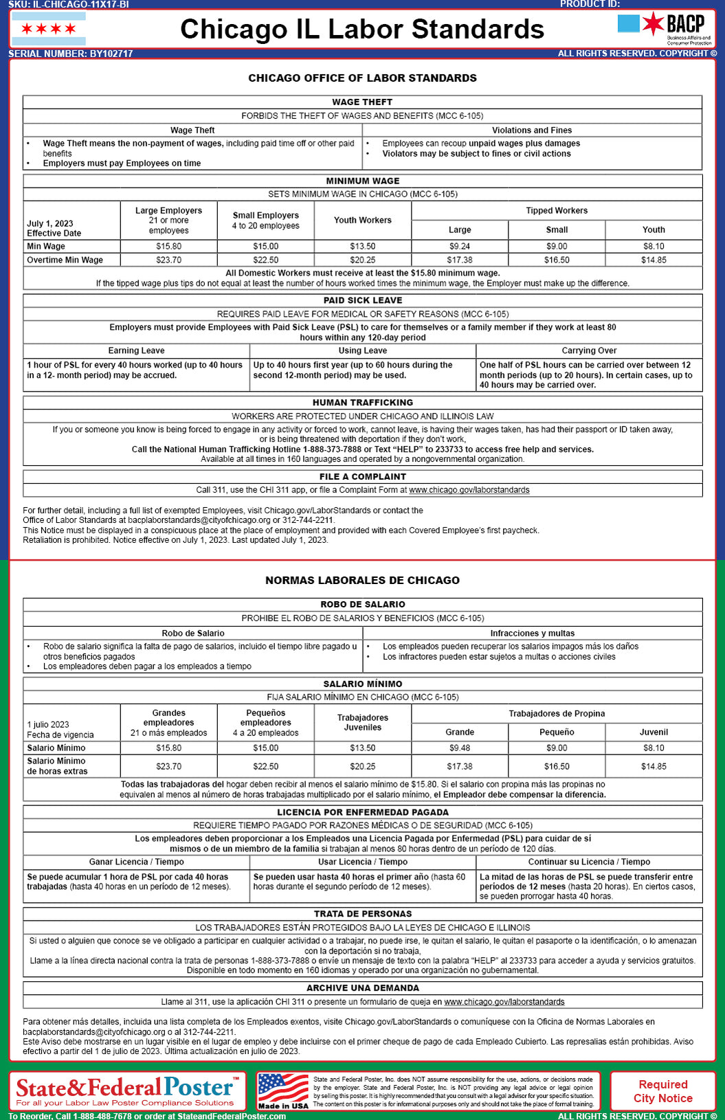 Chicago, Illinois City Labor Standards Poster (Bilingual) — State and ...