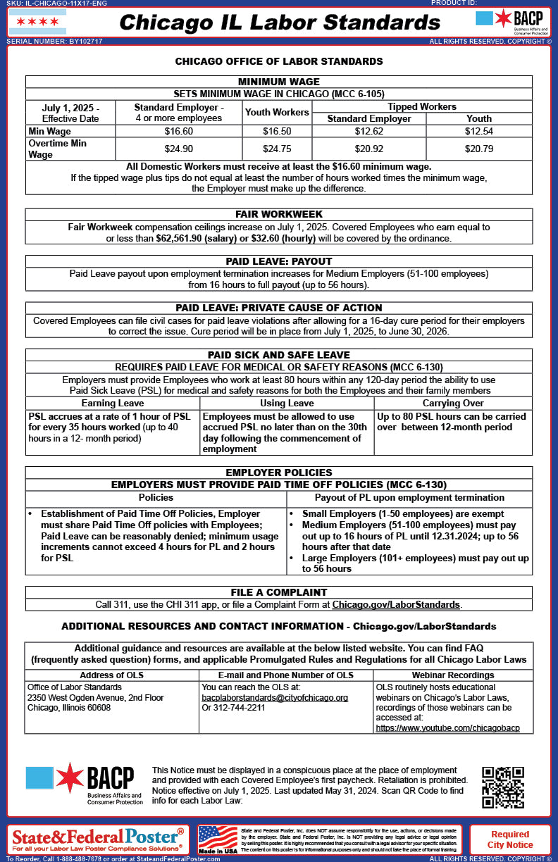 Chicago, Illinois City Labor Standards Poster — State and Federal Poster
