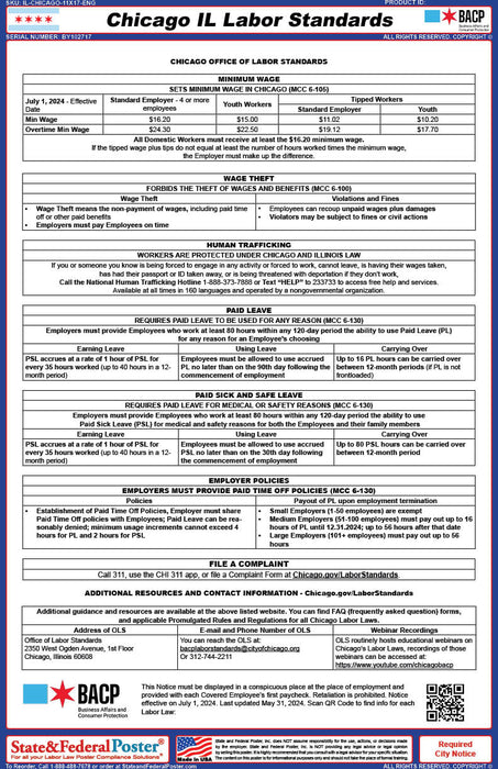 Chicago, Illinois City Labor Standards Poster — State and Federal Poster