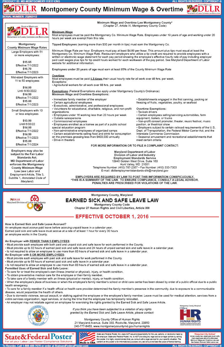 Montgomery County, Maryland Labor Law Poster — State and Federal Poster