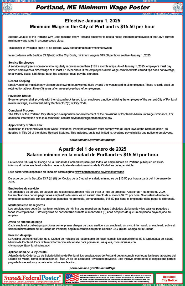 Digital Portland, Maine Minimum Wage Poster (Bilingual) | State & Fede ...