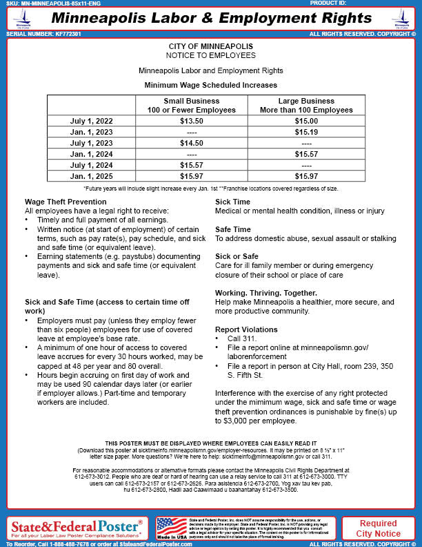 Minneapolis, Minnesota Minimum Wage & Employment Rights Poster — State ...