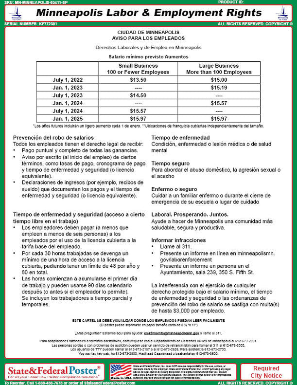 Digital Minneapolis, Minnesota Minimum Wage & Employment Rights Poster ...