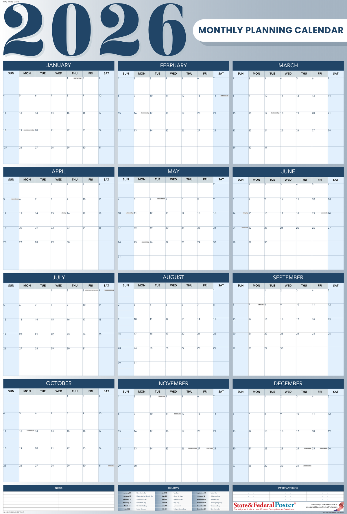 2026 Monthly Planning Calendar 27x40 - Vertical — State and Federal Poster