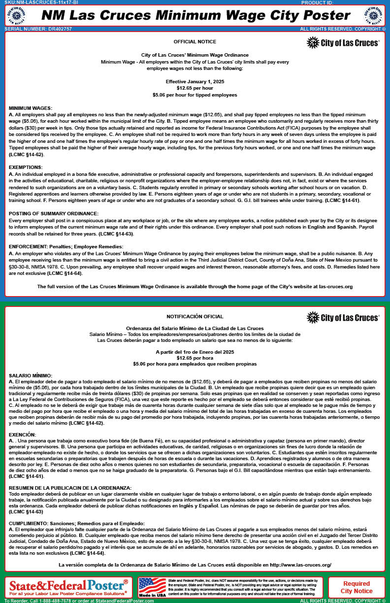 Las Cruces, New Mexico Minimum Wage Poster (Bilingual) — State and ...