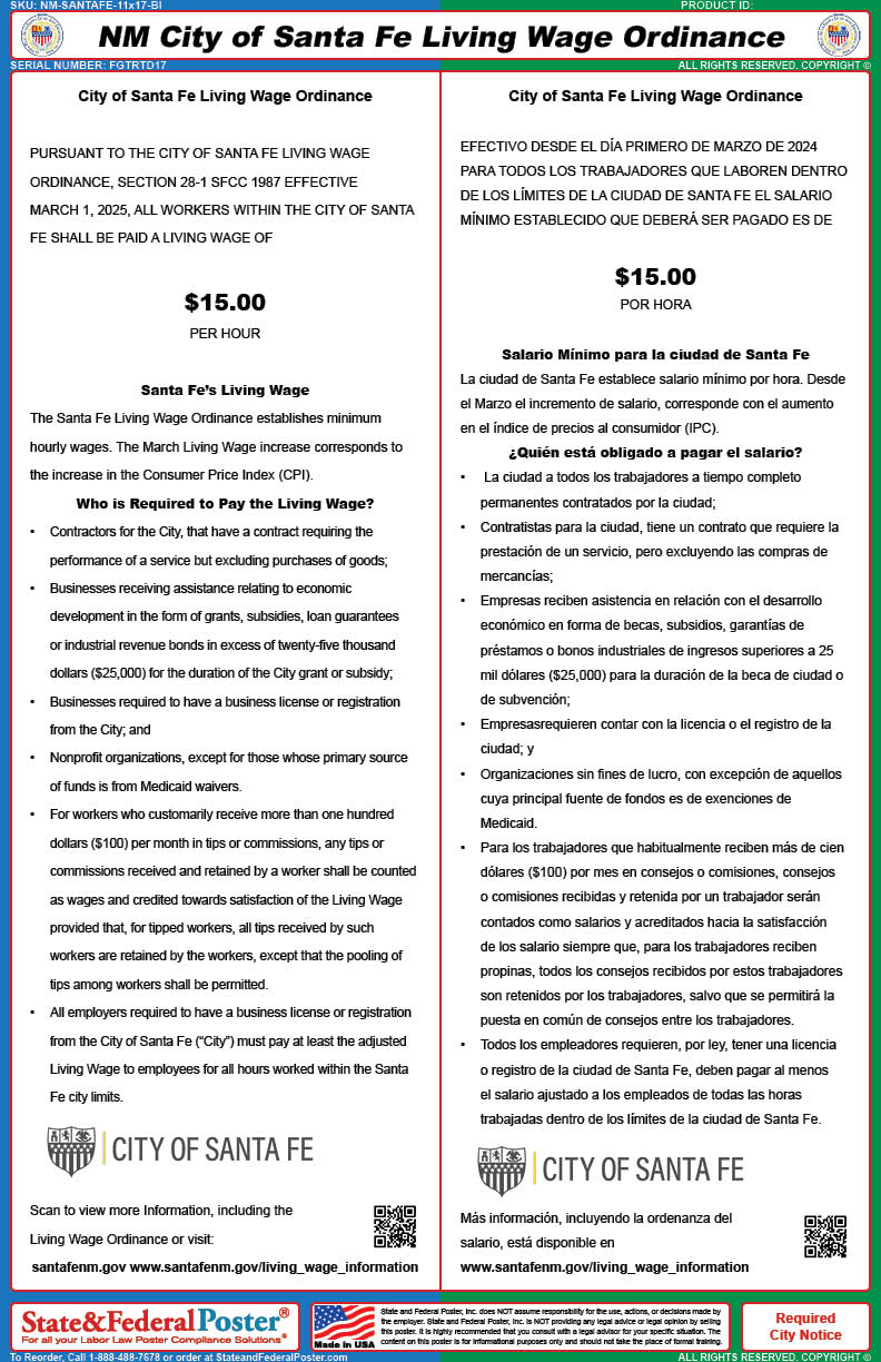 Digital Santa Fe, New Mexico Living Wage Ordinance Poster (Bilingual ...