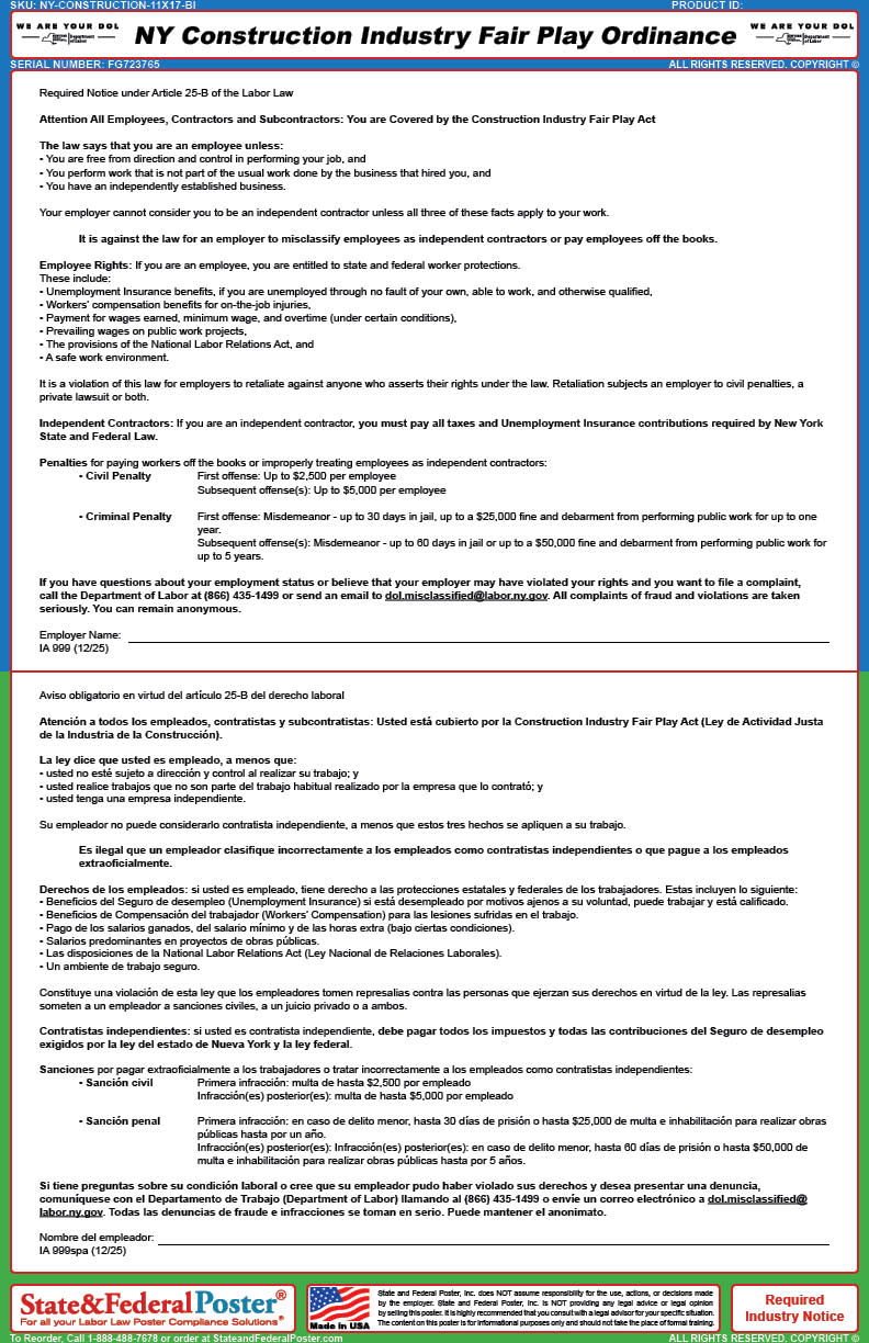 Digital New York Construction Industry Fair Play Ordinance Poster (Bil ...