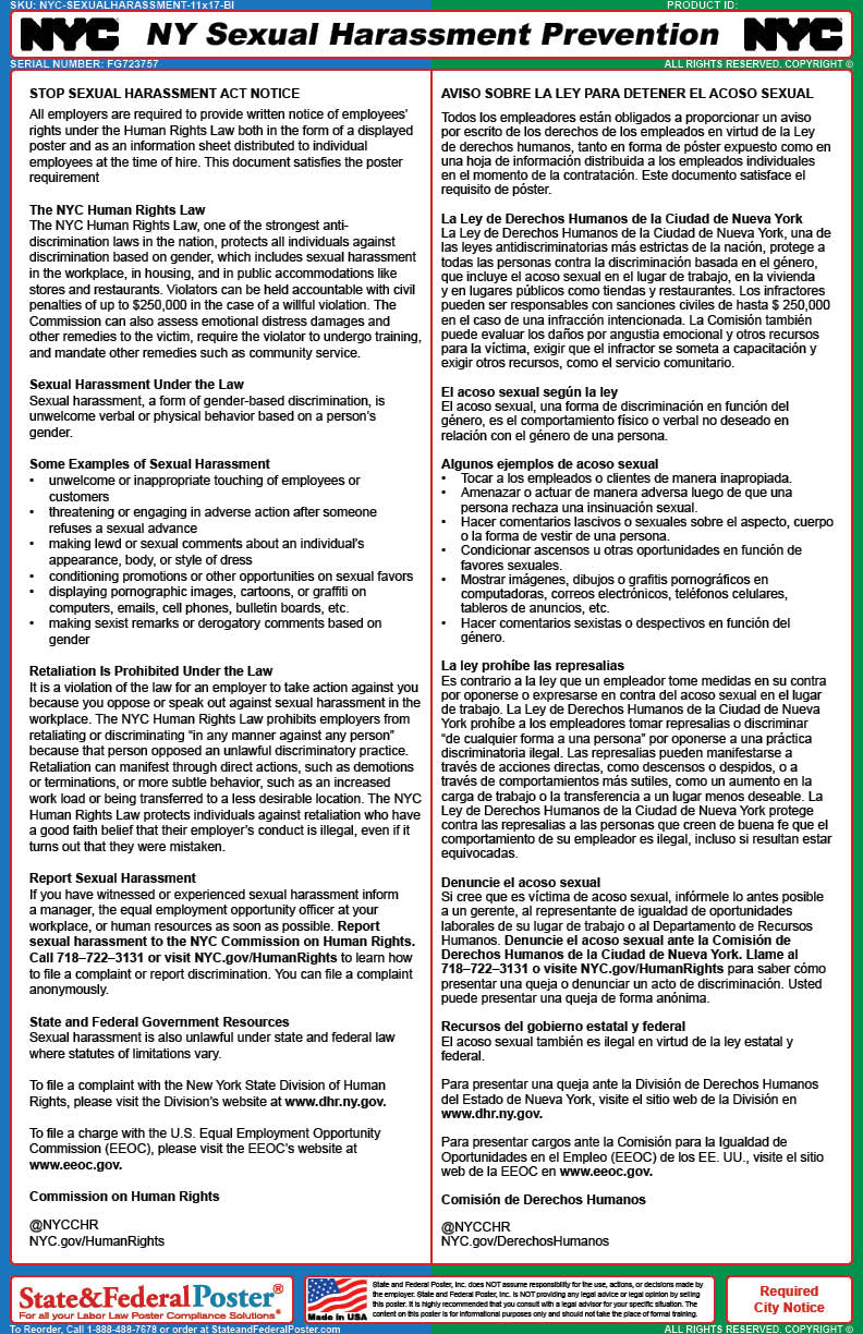 Digital New York Sexual Harassment Ordinance Poster (Bilingual) | Stat ...