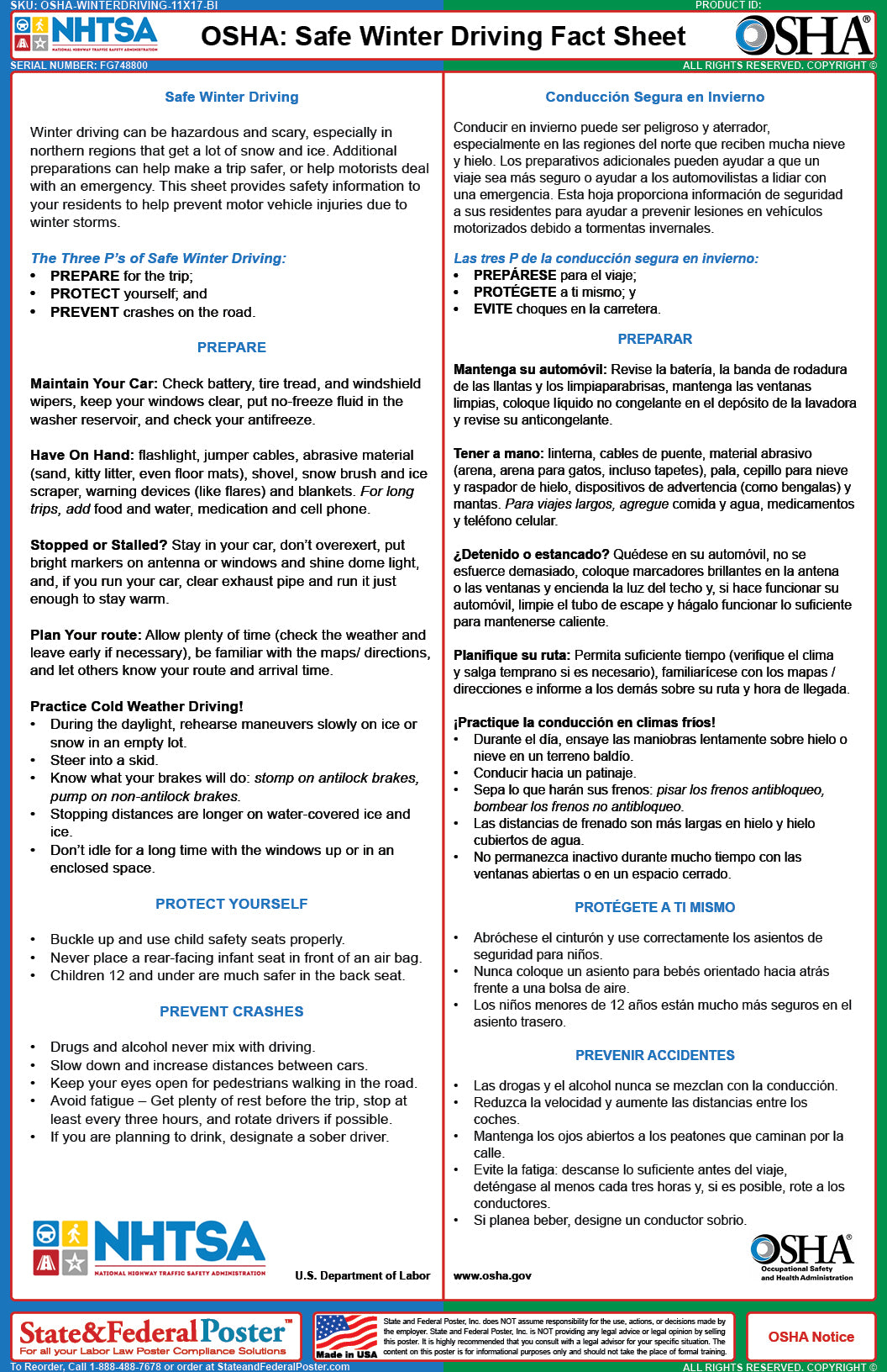 OSHA Safe Winter Driving Fact Sheet — State and Federal Poster