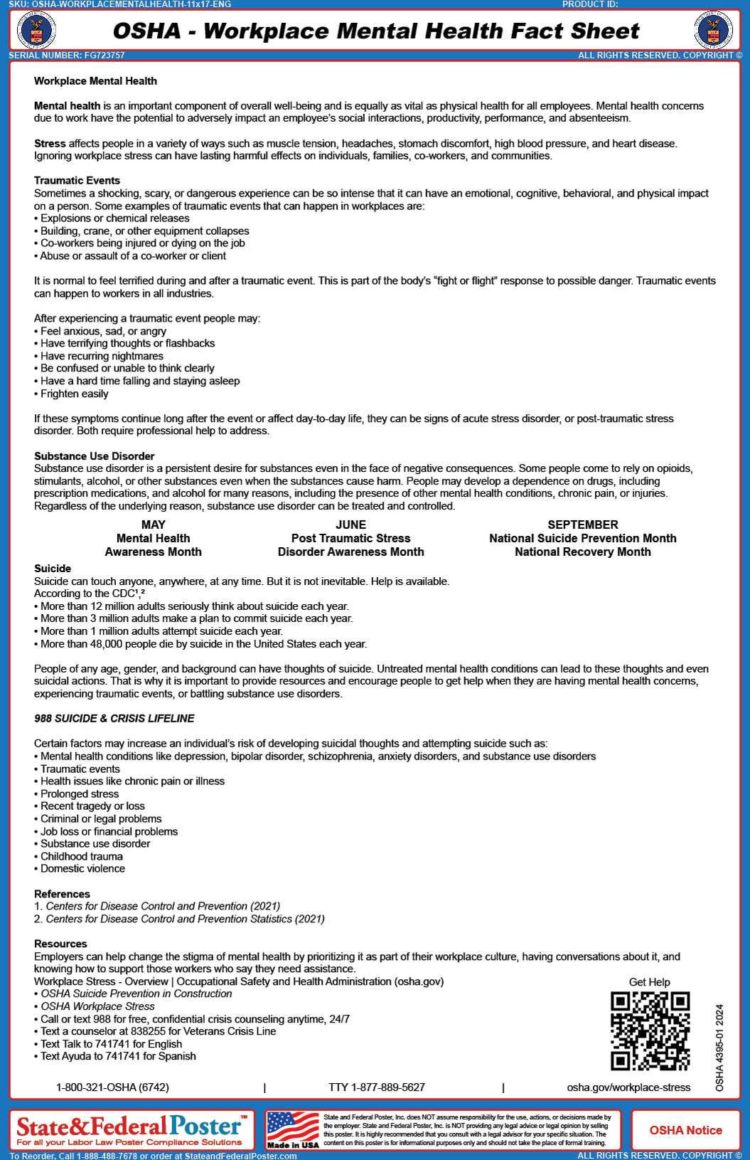 OSHA Workplace Mental Health Fact Sheet — State and Federal Poster
