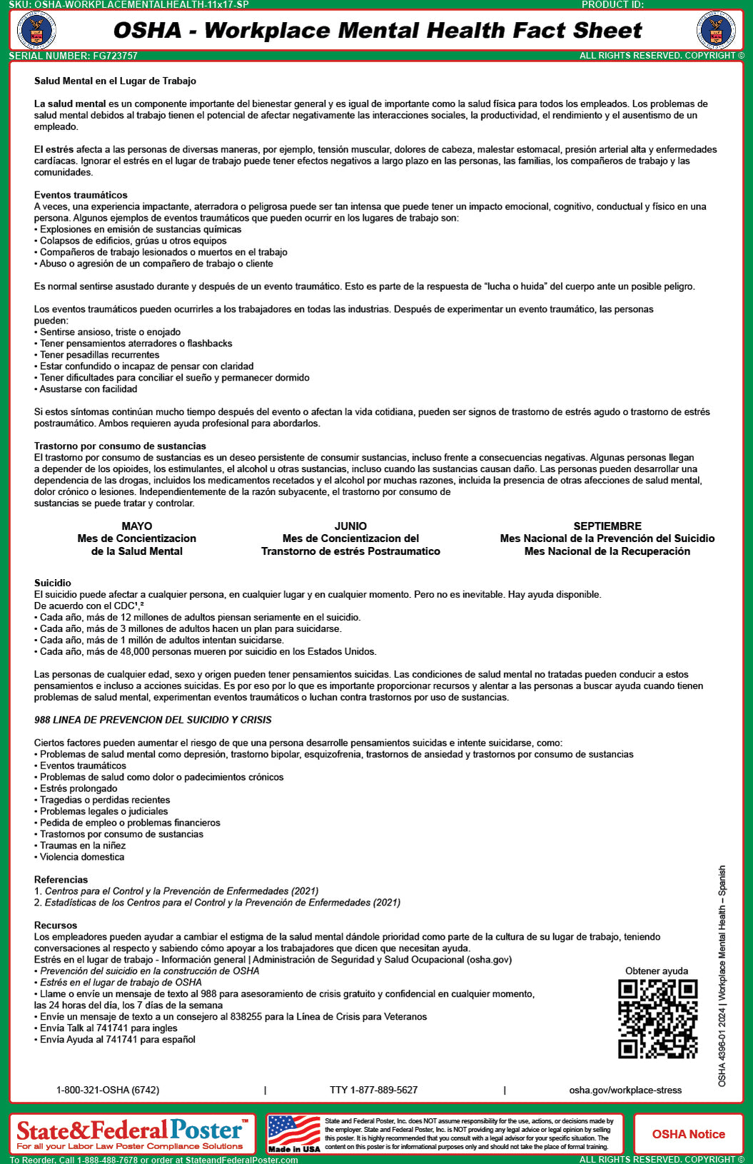 OSHA Workplace Mental Health Fact Sheet — State and Federal Poster