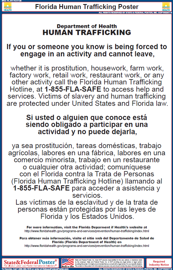 Florida Human Trafficking Poster (Bilingual) — State and Federal Poster